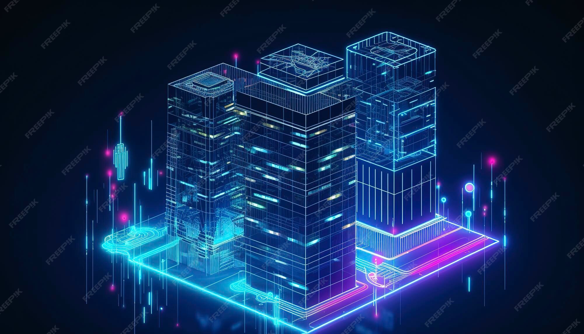 스마트 빌딩의 개발 아키텍처 컴퓨터 시스템 Ai 제어로 현대적인 건물 건설 설계 인공 지능으로 스마트 하우스 건설 프로젝트 Ai