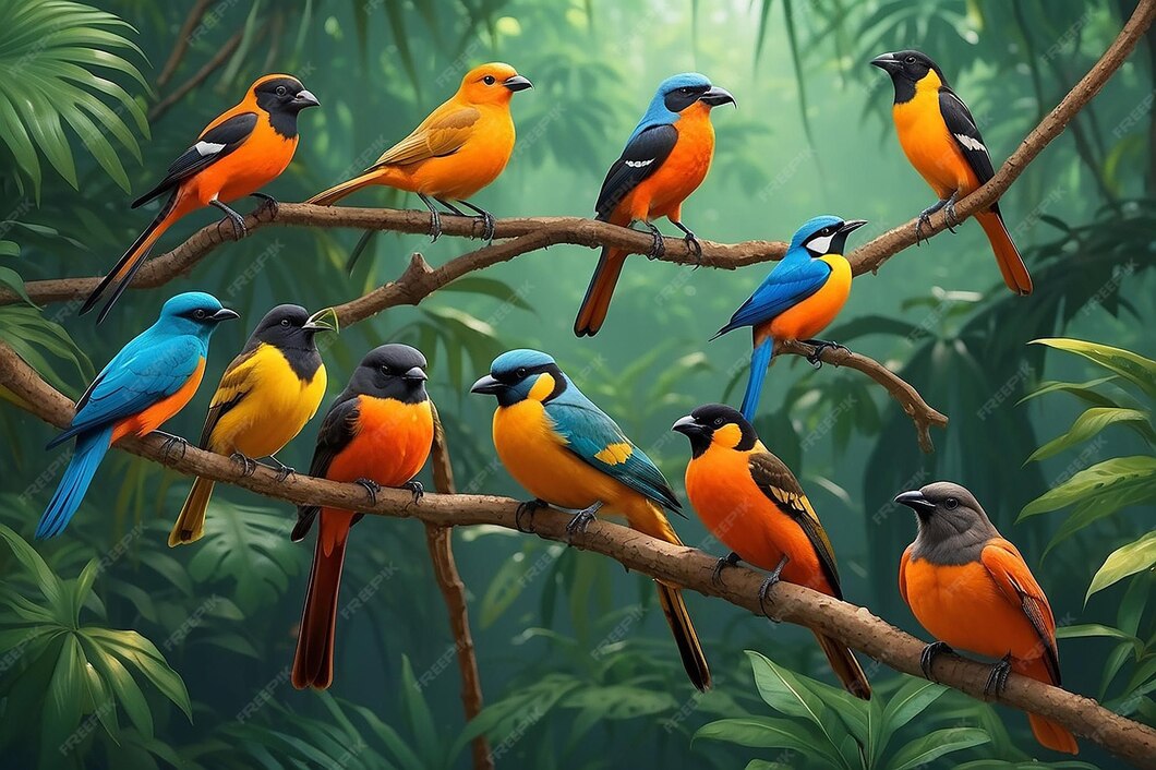 Premium Photo Different Types Birds Sitting On An Orange Branch In A Natural Jungle Setting