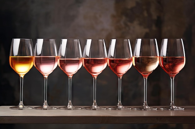 Premium Photo Different Types Of Rose Wine In Glasses Arranged By Color On A Table With A Rust