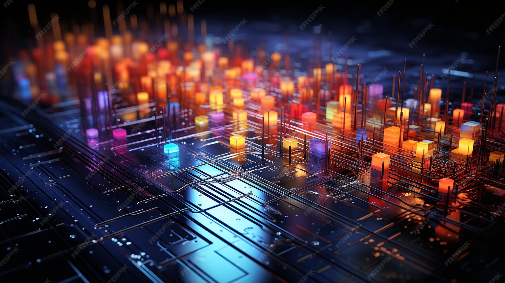 3dオブジェクトの形状のデジタル抽象ピクセルはコンピュータコードと色の移行が人工知能によって生成された視覚的迷宮を作成する抽象的な画像を形成