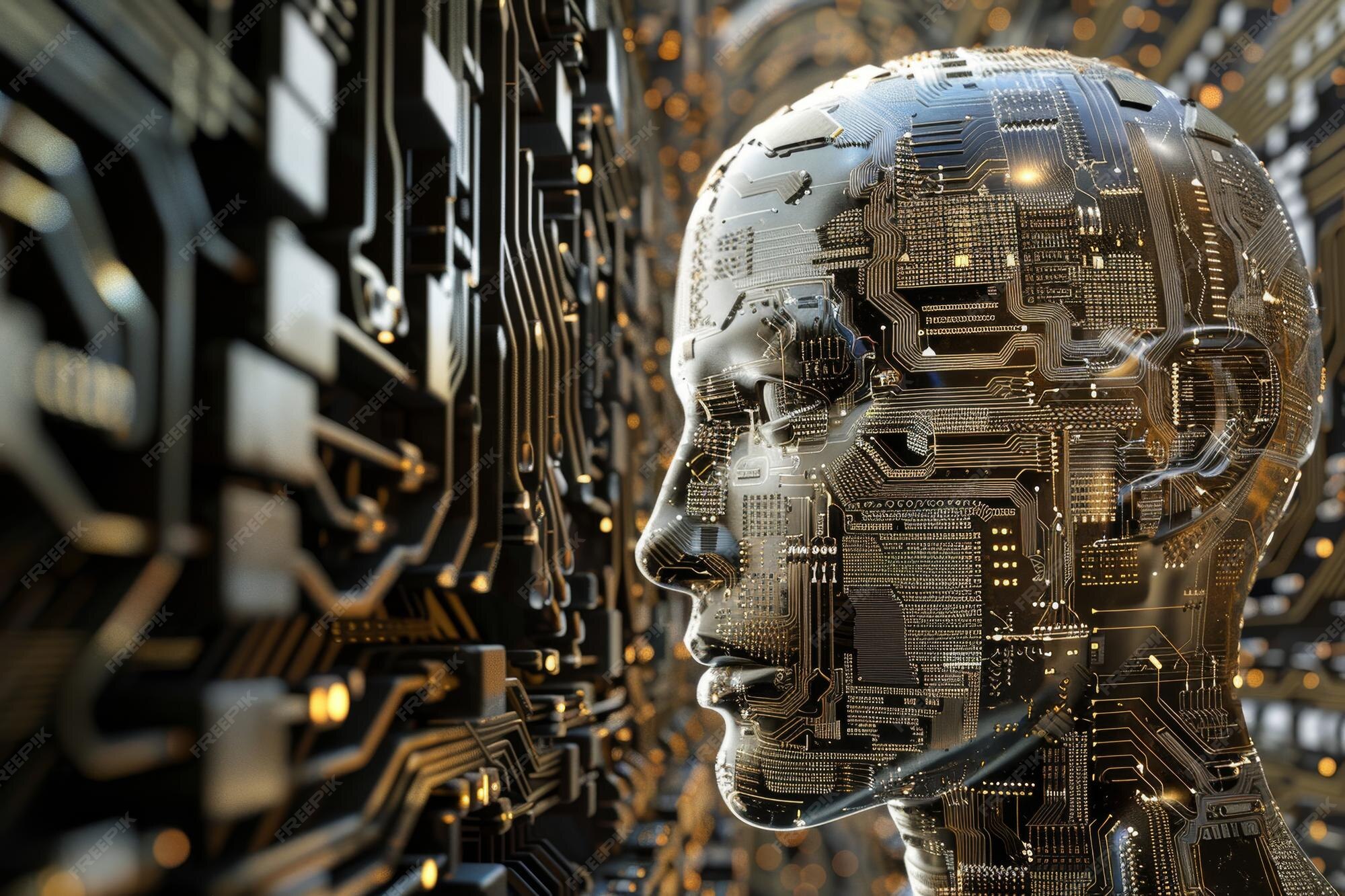 Digital human head with complex circuitry showcasing algorithms impact ...