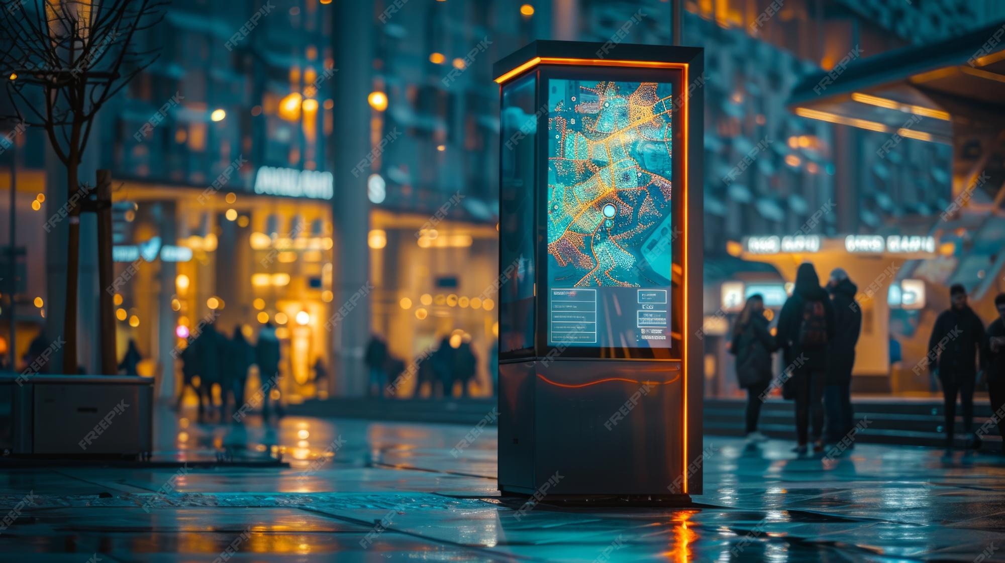 Digital information kiosk on a city street at night glowing with light ... Digital information kiosk on a city street at night glowing with light ...