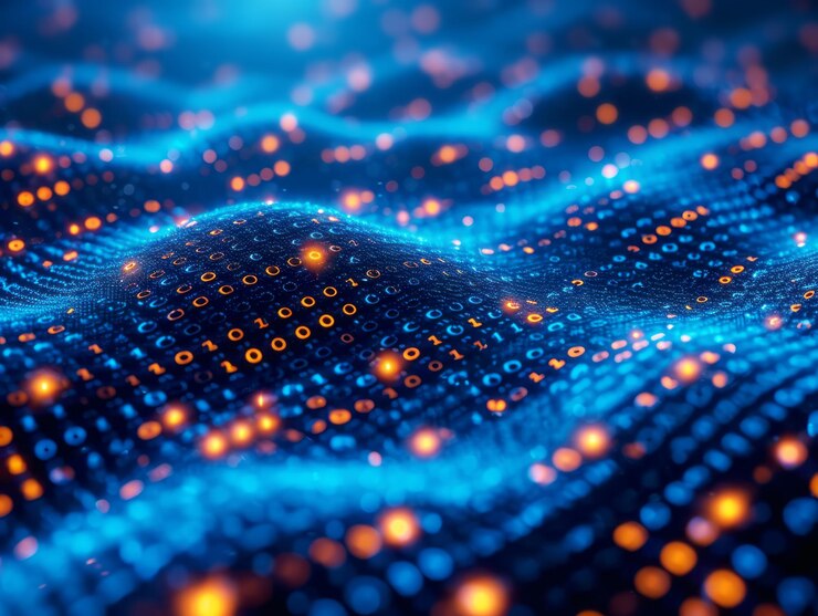 Premium Photo | A digital landscape with glowing binary code wave pattern in blue and orange ...