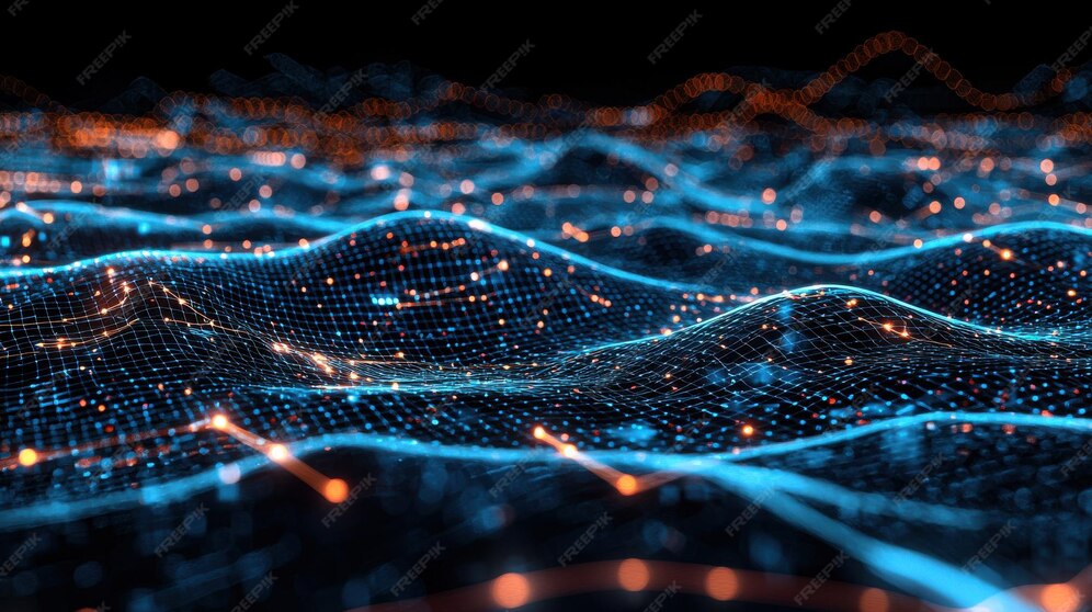 A digital landscape with interconnected data streams and AI algorithms processing information in ...