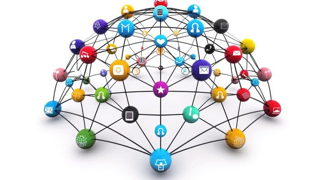 Digital Network Visualization Shows Networking Tech And Data Analysis With Colorful Data Points