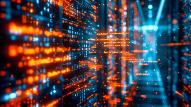 Premium Photo | Digital networking and computing concept with server racks and binary code ...