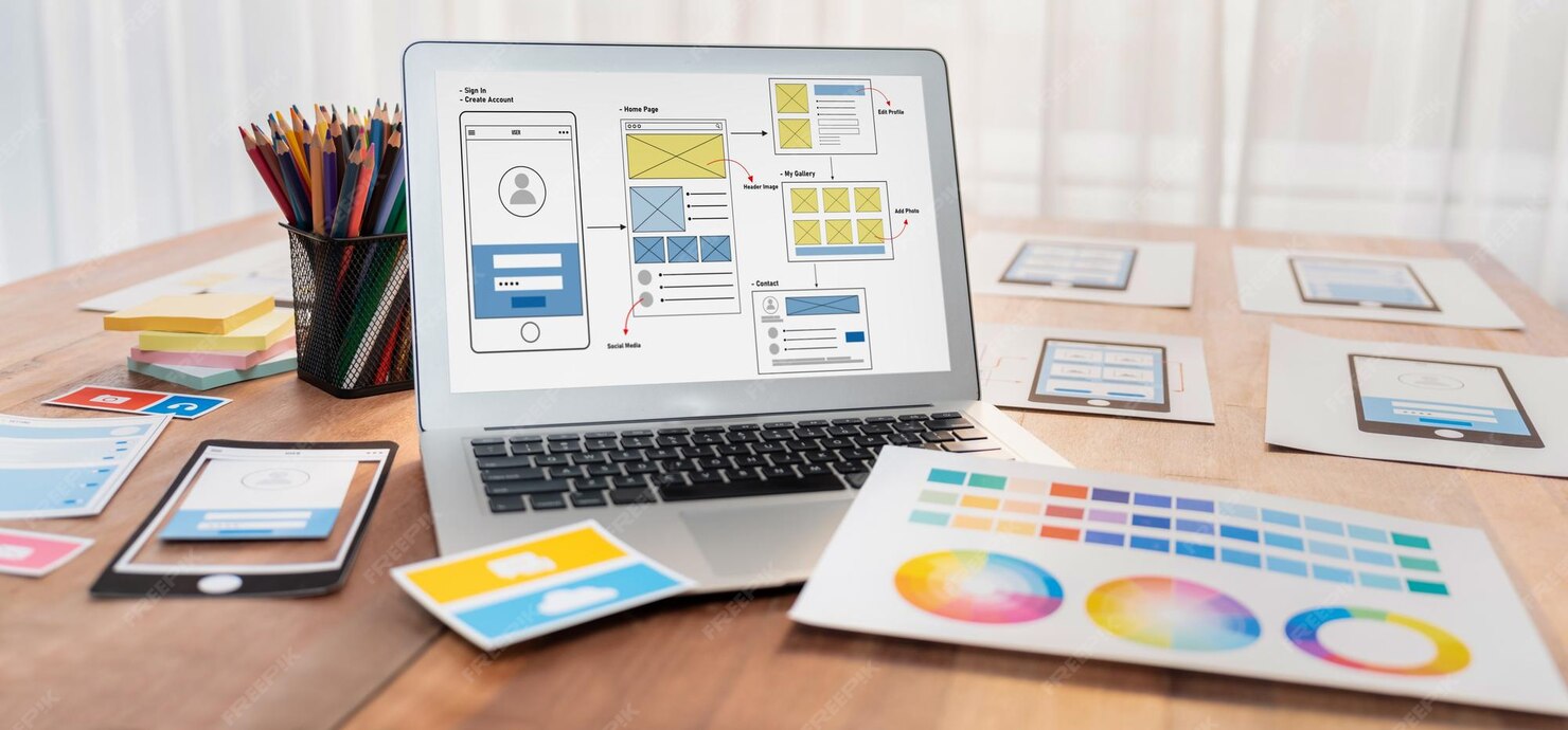 Premium Photo | Digital and paper wireframe designs for web or mobile ...