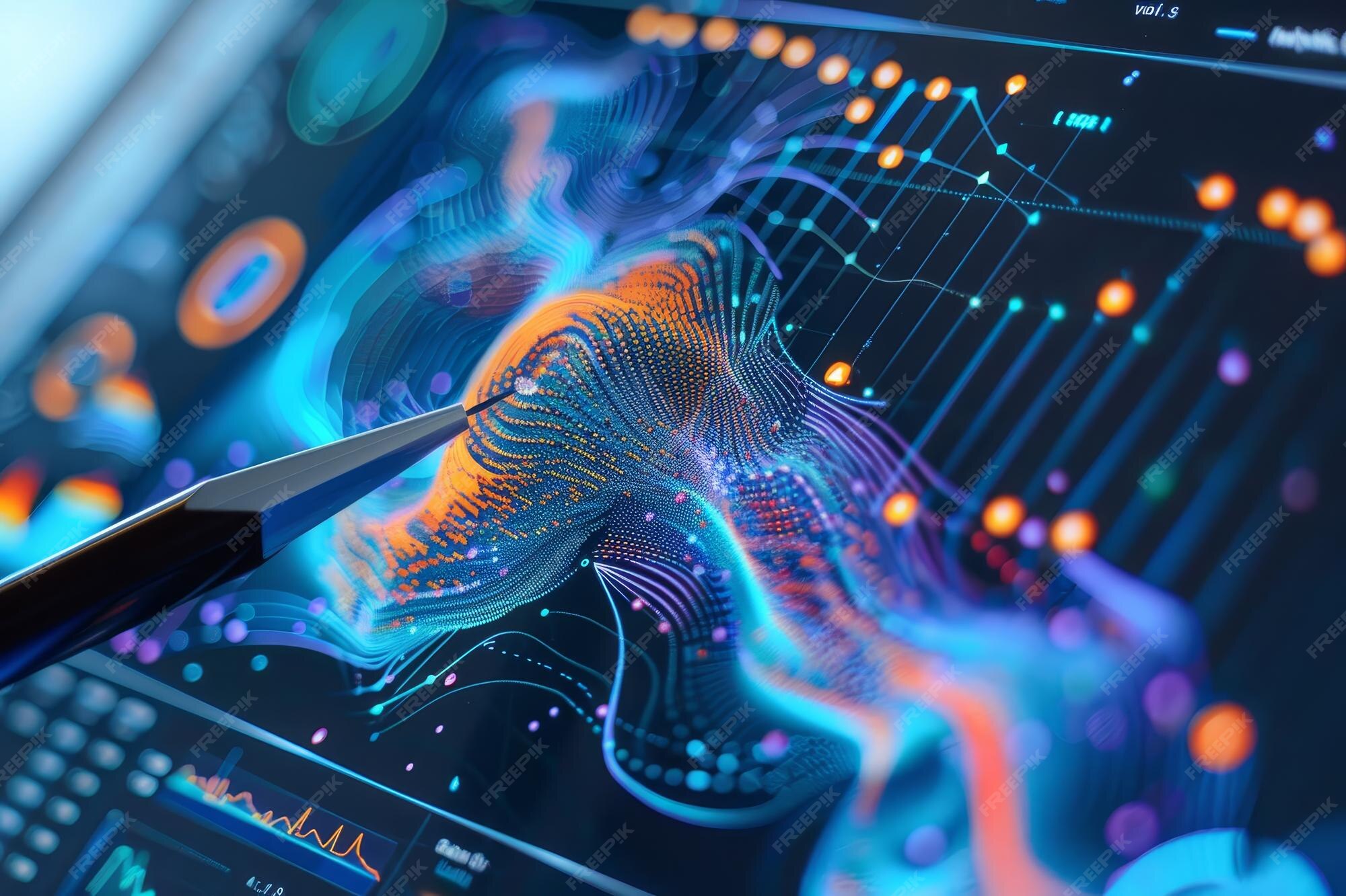 Premium Photo | A digital pen interacts with a colorful 3D data visualization on a screen ...