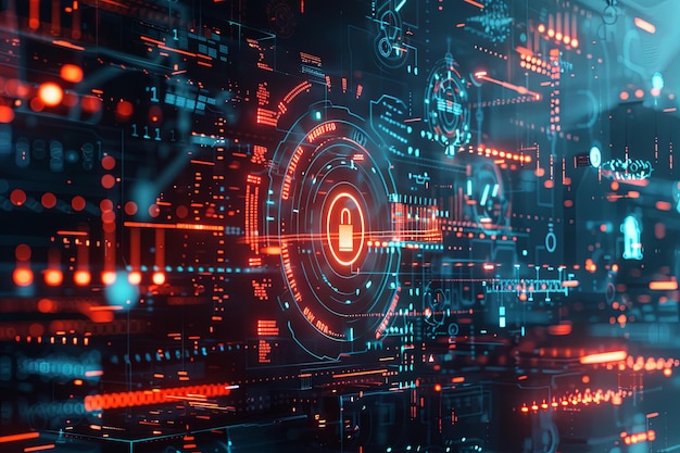 A digital rendering of a futuristic cybersecurity interface with AI ...