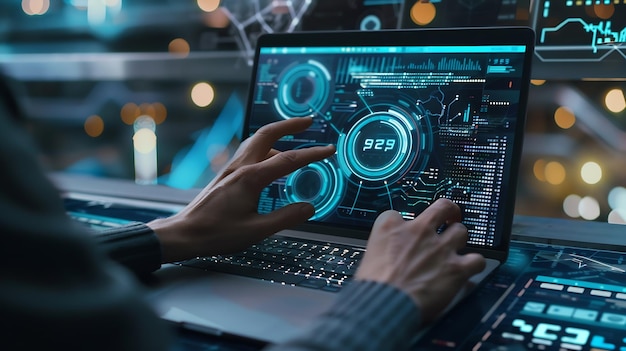 Digital technology concept Man programmer working on laptop for big ... Digital technology concept Man programmer working on laptop for big ...