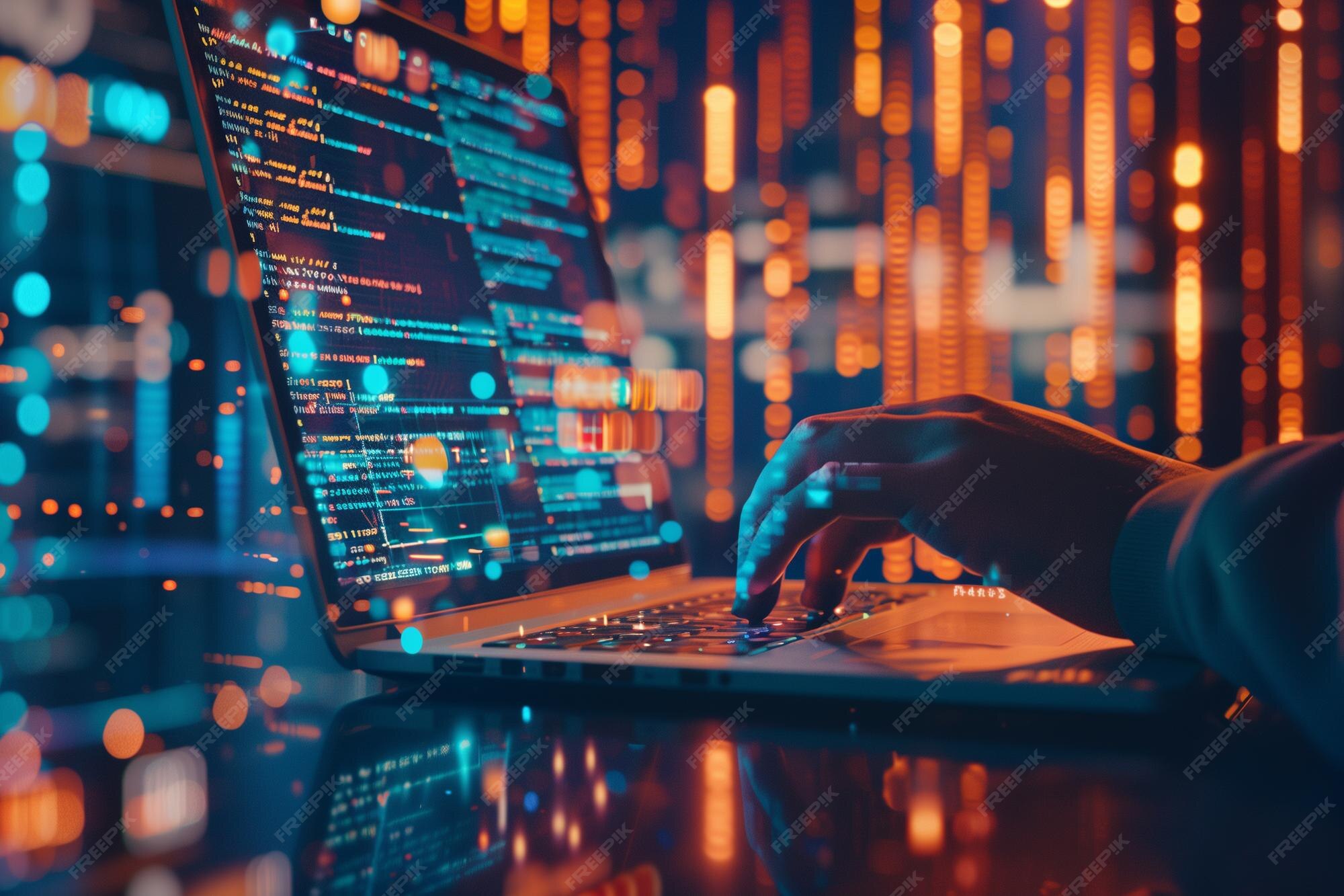 Digital technology software development concept Coding programmer working on laptop with circuit ...