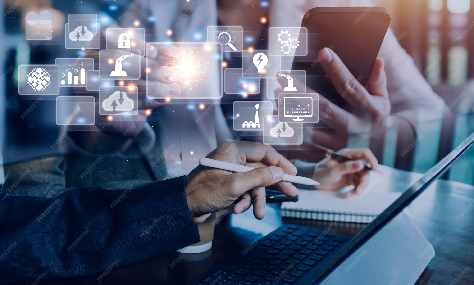 디지털 전환 기술 전략 비즈니스 프로세스 및 데이터의 디지털화 및 디지털화 운영 최적화 및 자동화 고객 서비스 관리 인터넷 및 클라우드 컴퓨팅 프리미엄 사진