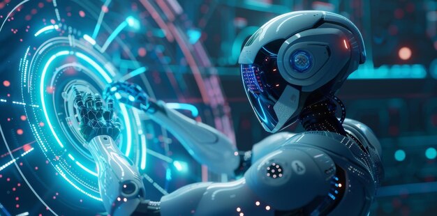 Digital world cyber robot pointing finger computer coding AI chatbot background futuristic ...