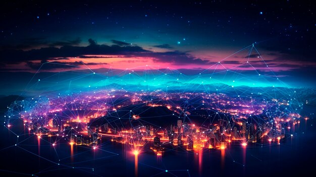 Premium AI Image | Digital world map in night city Generative AI Premium AI Image | Digital world map in night city Generative AI