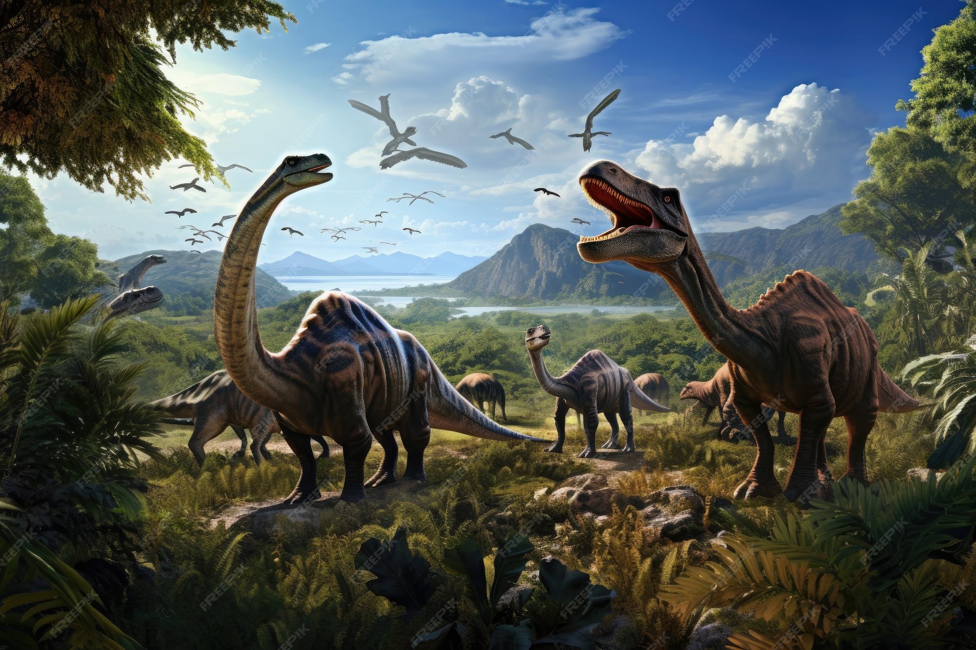 Premium Photo Dinosaurs In The Triassic Period Age In The Green Grass Land And Blue Sky Background