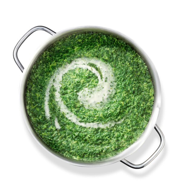 Premium Photo Directly Above Shot Of Spinach In Stew Pot On White Background