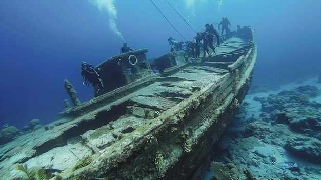 Divers explore the deck of a sunken ship | Premium AI-generated image Divers explore the deck of a sunken ship | Premium AI-generated image