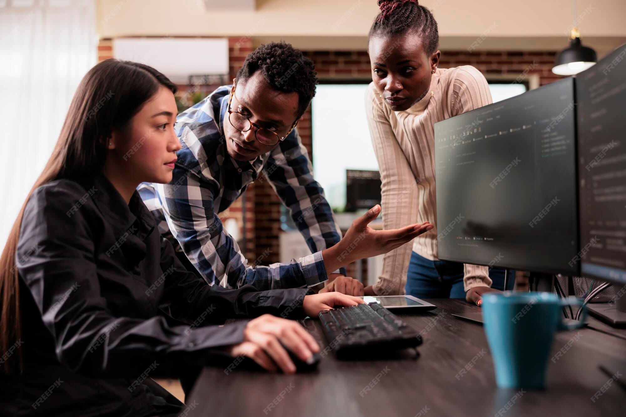 Premium Photo Diverse Ai Cloud Programers Talking About Html Script Looking At Code On 7657