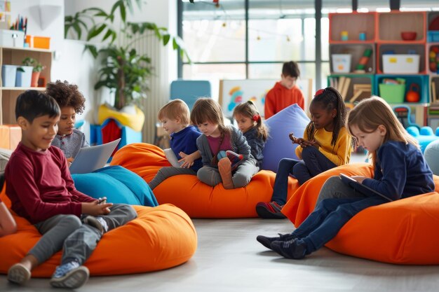 Diverse group of children using technology in a classroom | Premium AI ... Diverse group of children using technology in a classroom | Premium AI ...
