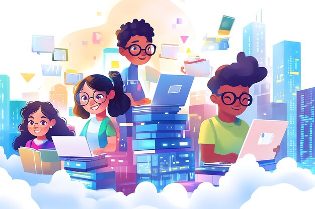 Diverse group of children using technology and cloud computing in a ... Diverse group of children using technology and cloud computing in a ...