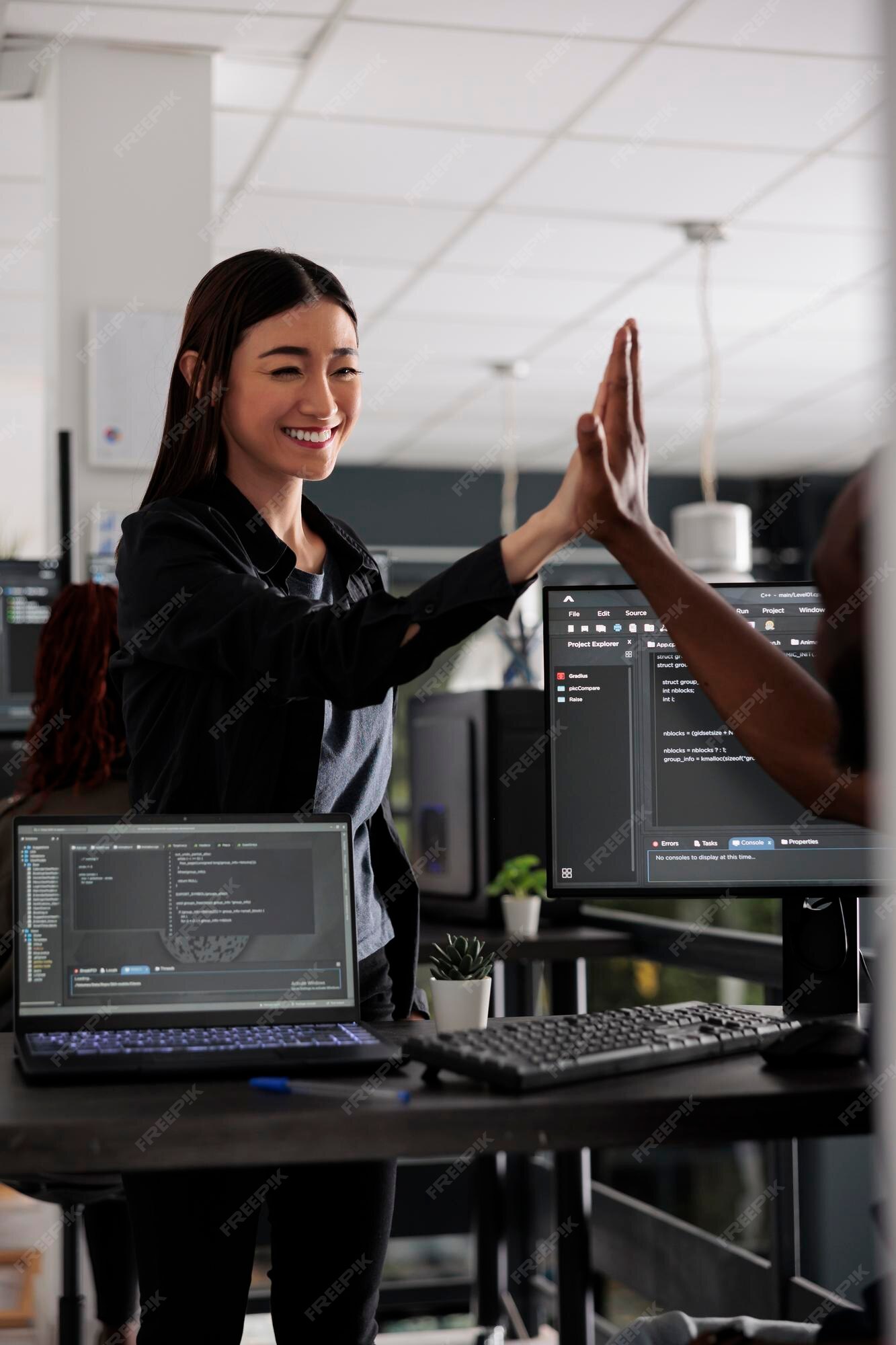 Premium Photo Diverse Successful Web Developers Celebrating Code