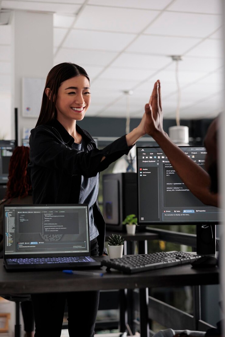 Premium Photo Diverse Successful Web Developers Celebrating Code