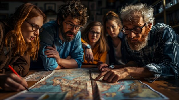 A diverse team collaborates around a table maps and charts spread for ... A diverse team collaborates around a table maps and charts spread for ...