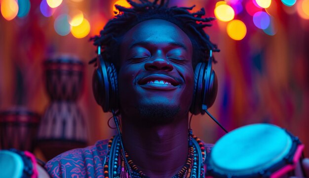 Premium Photo | Djembes in headphones smiling while listening to music Premium Photo | Djembes in headphones smiling while listening to music
