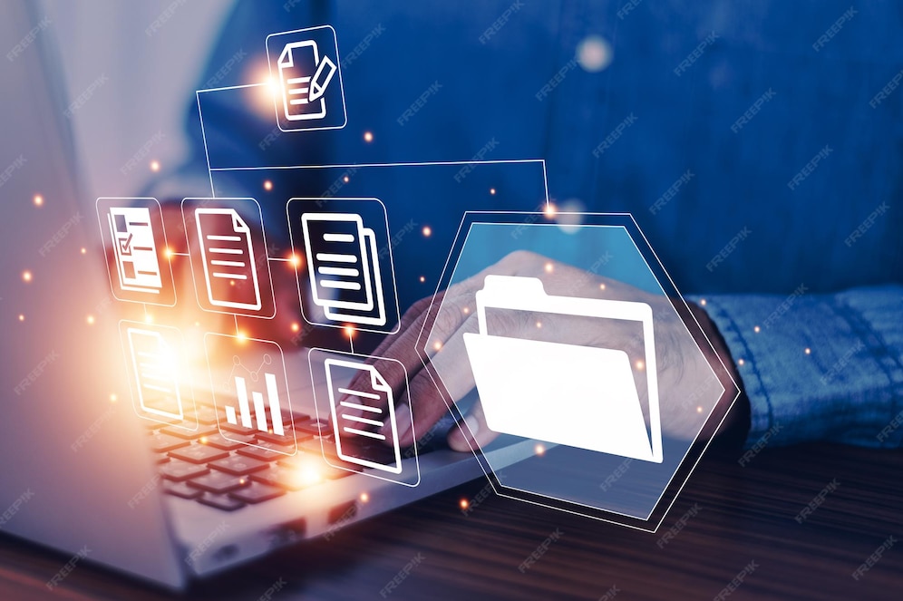 Premium Photo | Document management concept Businessman using computer ...