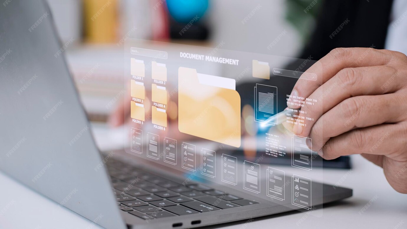 문서 관리 개념 가상 화면 아이콘 문서 관리 시스템 Dms 회사 파일 및 데이터의 효율적인 보관 검색 및 관리를 위한 온라인