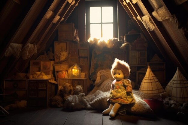 Premium AI Image | Doll in a dimly lit attic with sunrays created with ... Premium AI Image | Doll in a dimly lit attic with sunrays created with ...