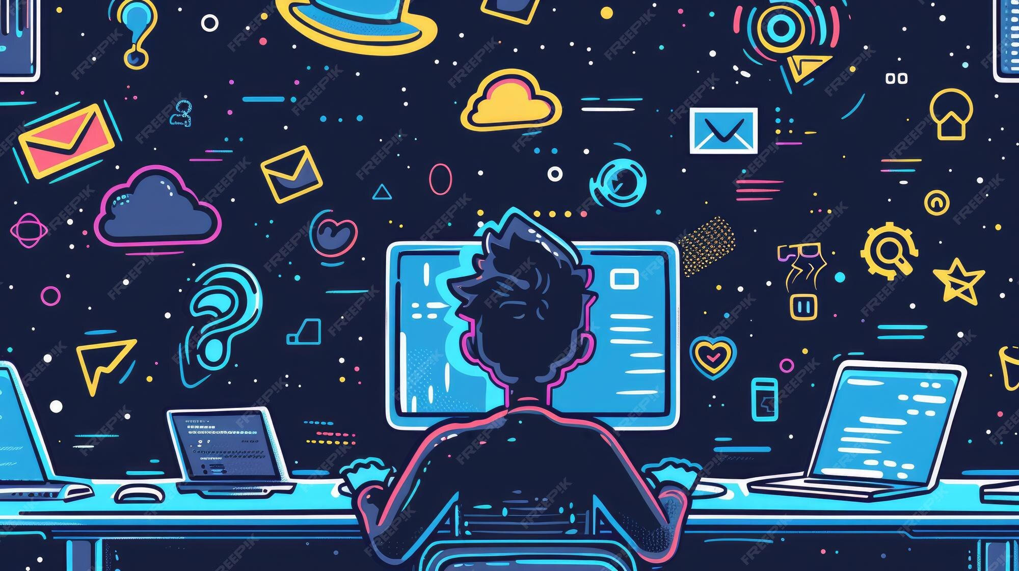 Doodlestyle illustration of a coding tutor at a computer surrounded by floating coding symbols ...