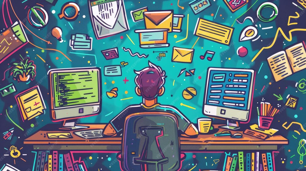 Doodlestyle illustration of a coding tutor at a computer surrounded by ...