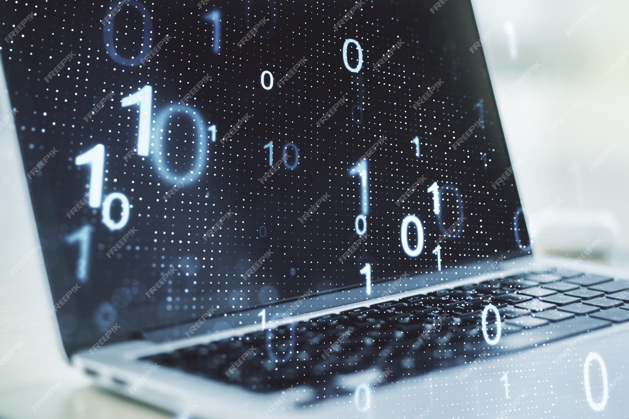 Premium Photo Double Exposure Of Creative Abstract Binary Code Hologram On Laptop Background