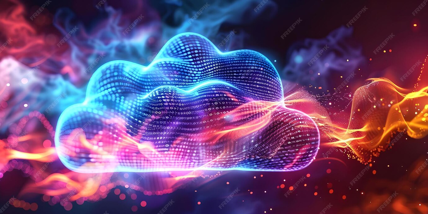 Dramatic digital binary code representing cloud computing data transfer with copy space Concept ...