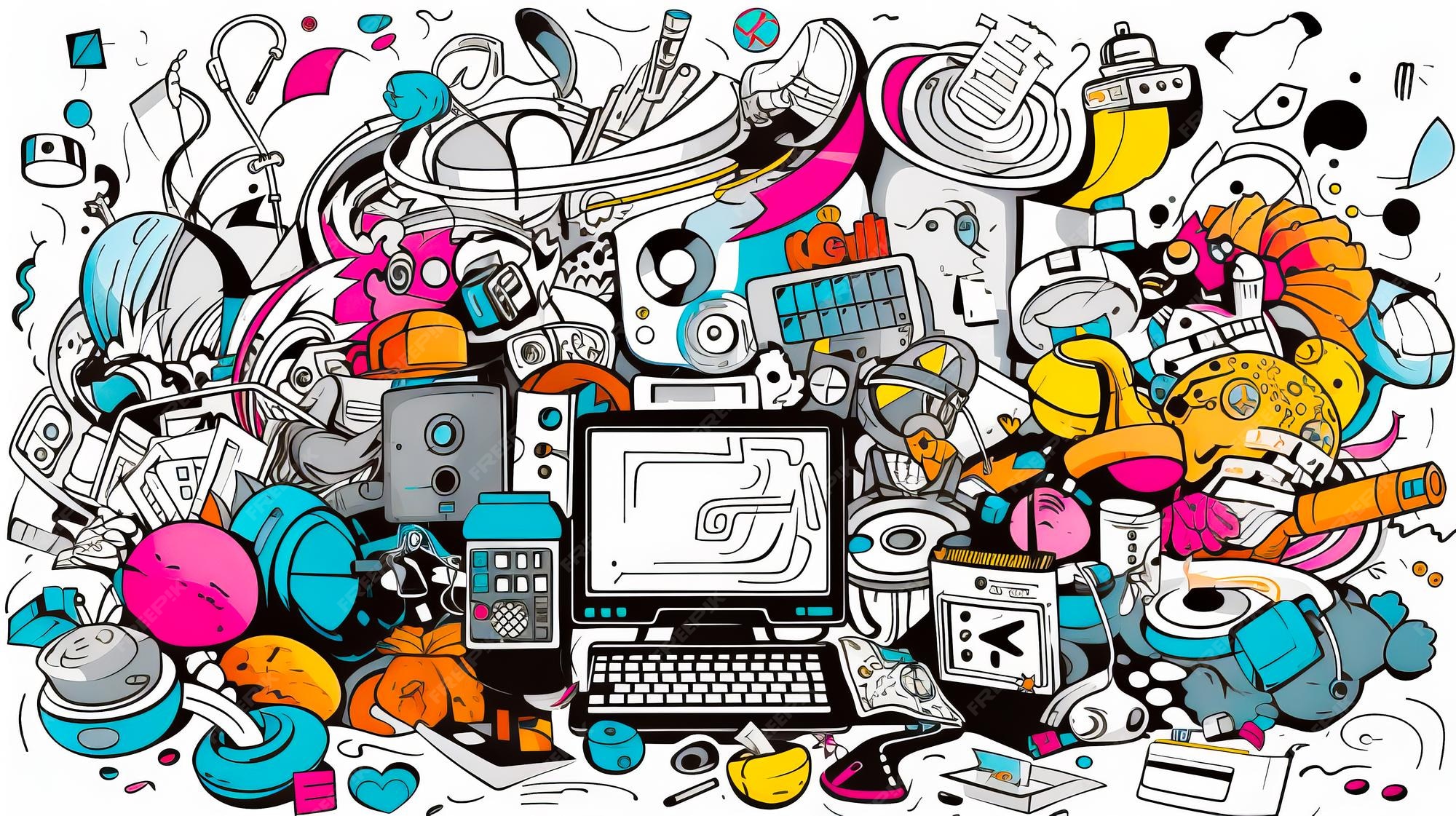 Premium AI Image | Drawing of computer surrounded by many different types of objects and objects ...