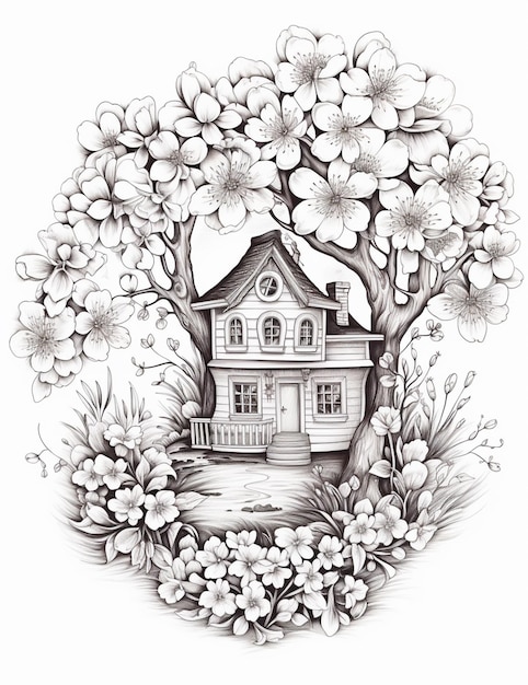 Premium AI Image | a drawing of a house with a tree and flowers around ... Premium AI Image | a drawing of a house with a tree and flowers around ...