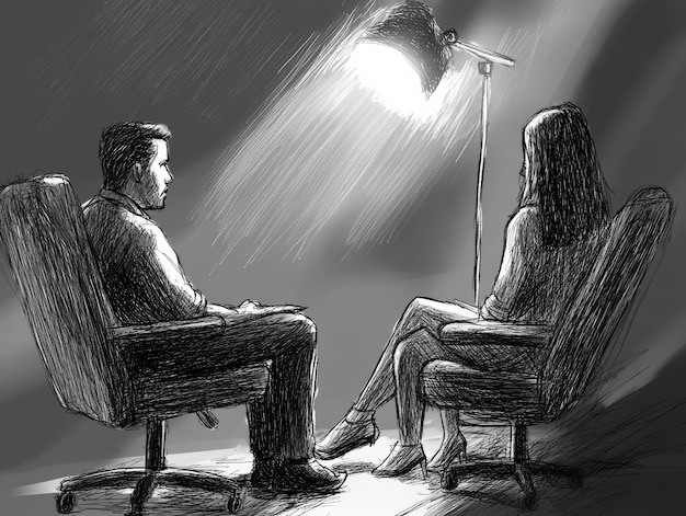 A Drawing Of A Man And A Woman Sitting In A Chair With A Lamp Behind