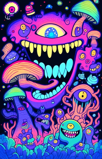 Premium Photo A Drawing Of A Purple Monster With Yellow Eyes And A Mushroom On The Bottom
