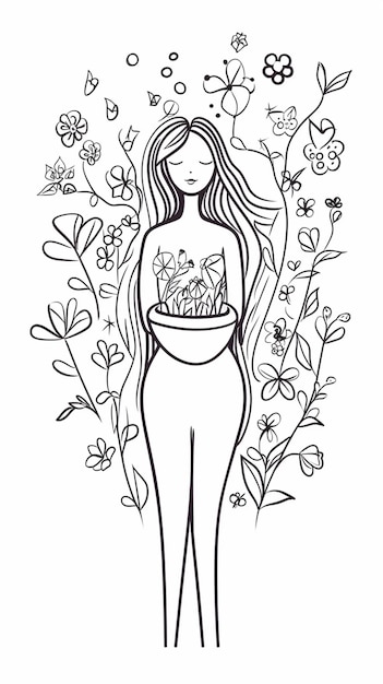 Premium Ai Image A Drawing Of A Woman Holding A Pot Of Flowers