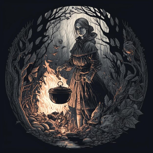 Premium Ai Image A Drawing Of A Woman Holding A Pot In Front Of A Fire