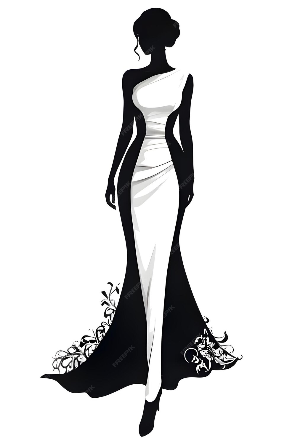 A drawing of a woman in a white dress with a black and white dress ... A drawing of a woman in a white dress with a black and white dress ...