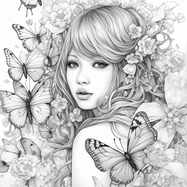 Premium Photo | A drawing of a woman with butterflies and flowers ... Premium Photo | A drawing of a woman with butterflies and flowers ...