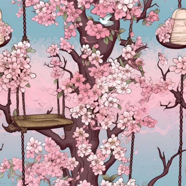 Dreamy Swing Hanging From A Blossoming Tree Premium Ai Generated Image
