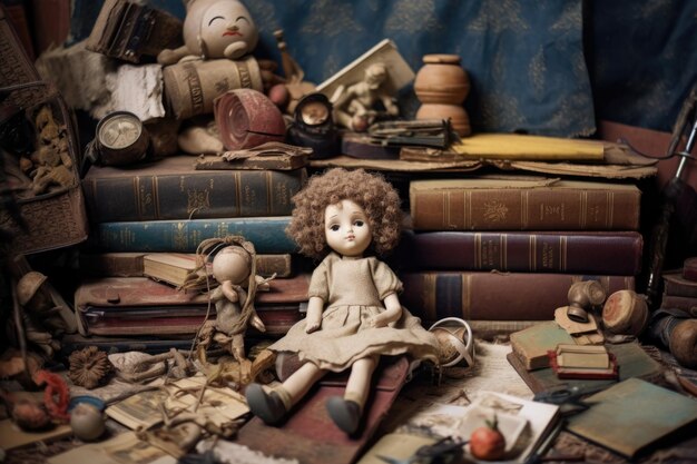 Premium AI Image | Dusty doll lying among old books and trinkets ... Premium AI Image | Dusty doll lying among old books and trinkets ...