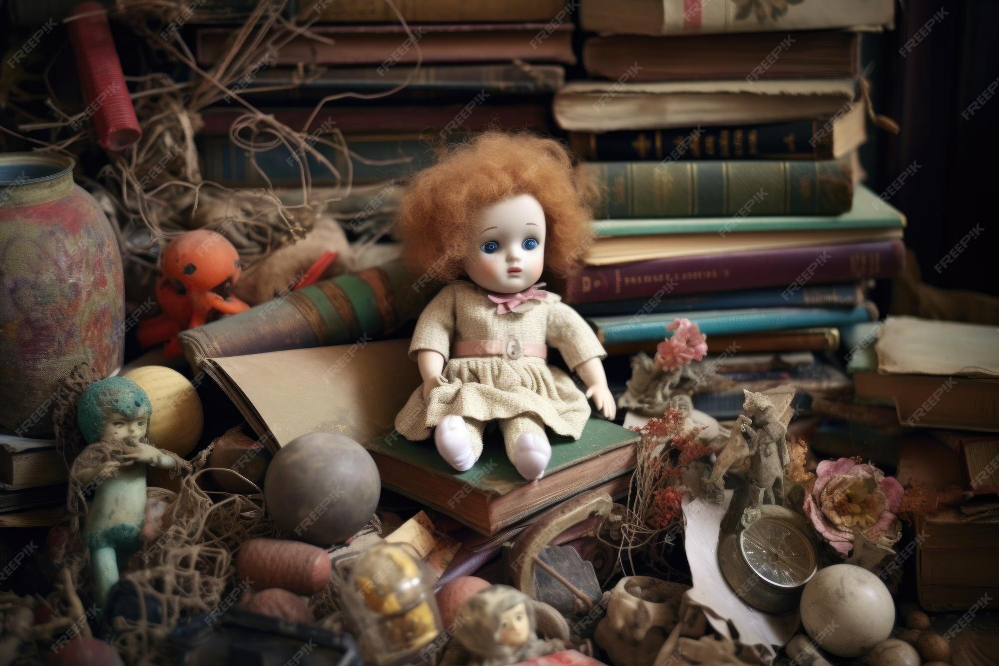 Premium AI Image | Dusty doll lying among old books and trinkets ... Premium AI Image | Dusty doll lying among old books and trinkets ...