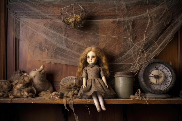 Dusty doll on a wooden shelf with cobwebs created with generative ai ... Dusty doll on a wooden shelf with cobwebs created with generative ai ...