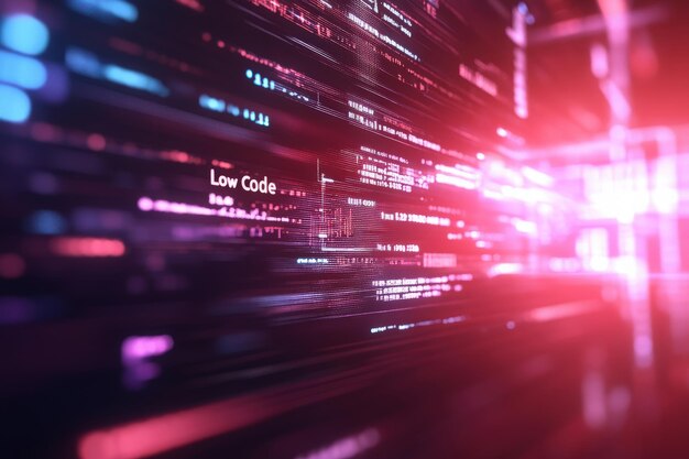 A dynamic display of low code symbols intertwines with flowing lines of colorful code creating ...