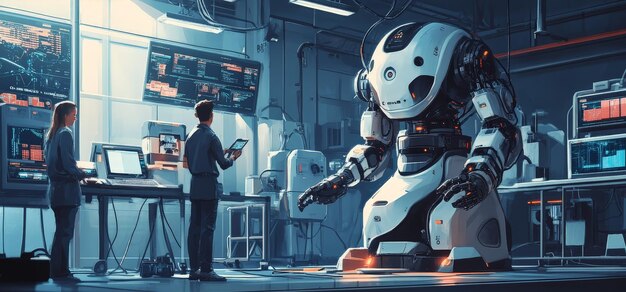 A dynamic scene of a robotics lab with engineers programming and ...