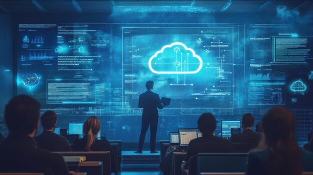A dynamic scene of a university lecture on cloud computing the professor explaining complex ...